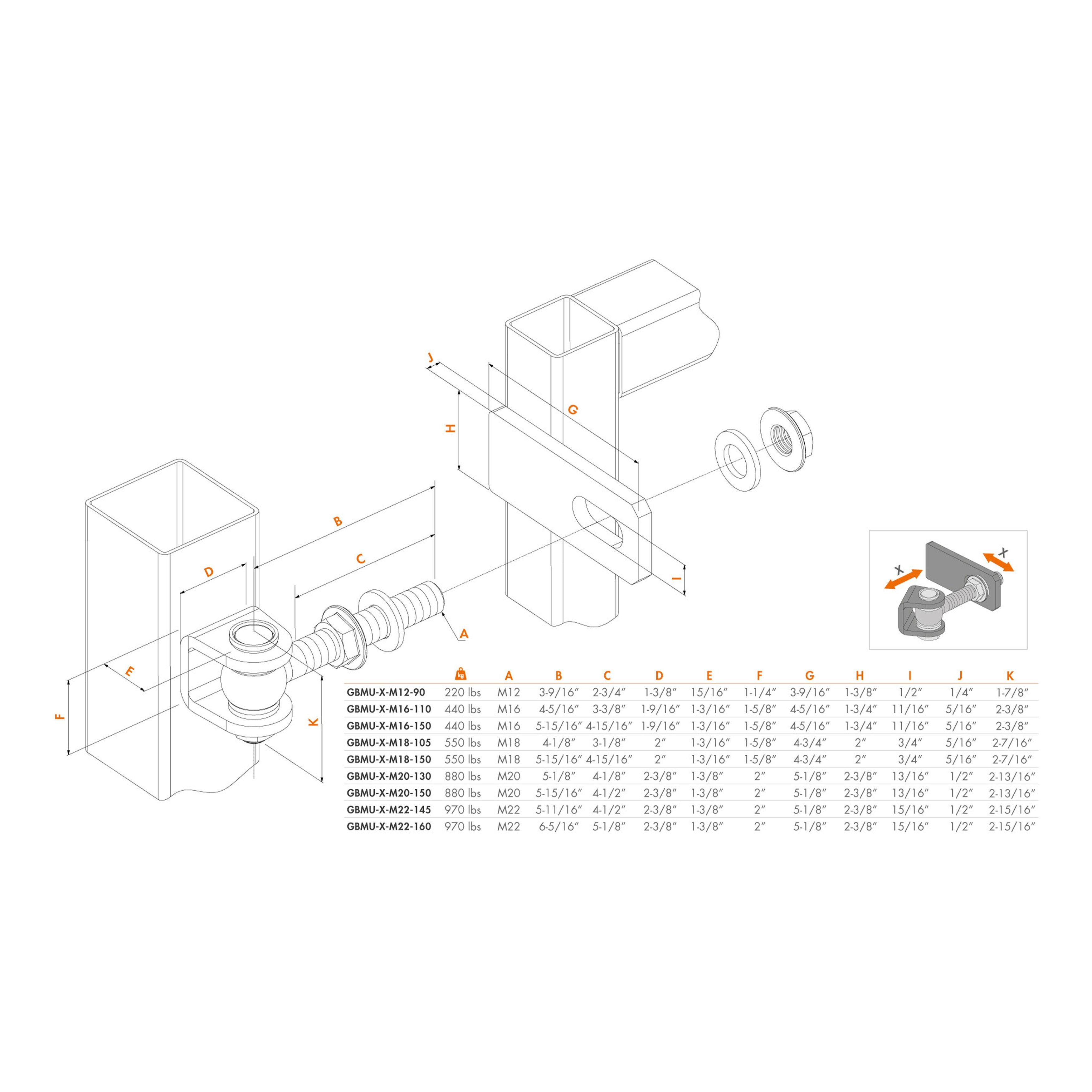 Locinox 180° 3-Way Adjustable Hinge with U-Shaped Ear Plate and M20 5 ...