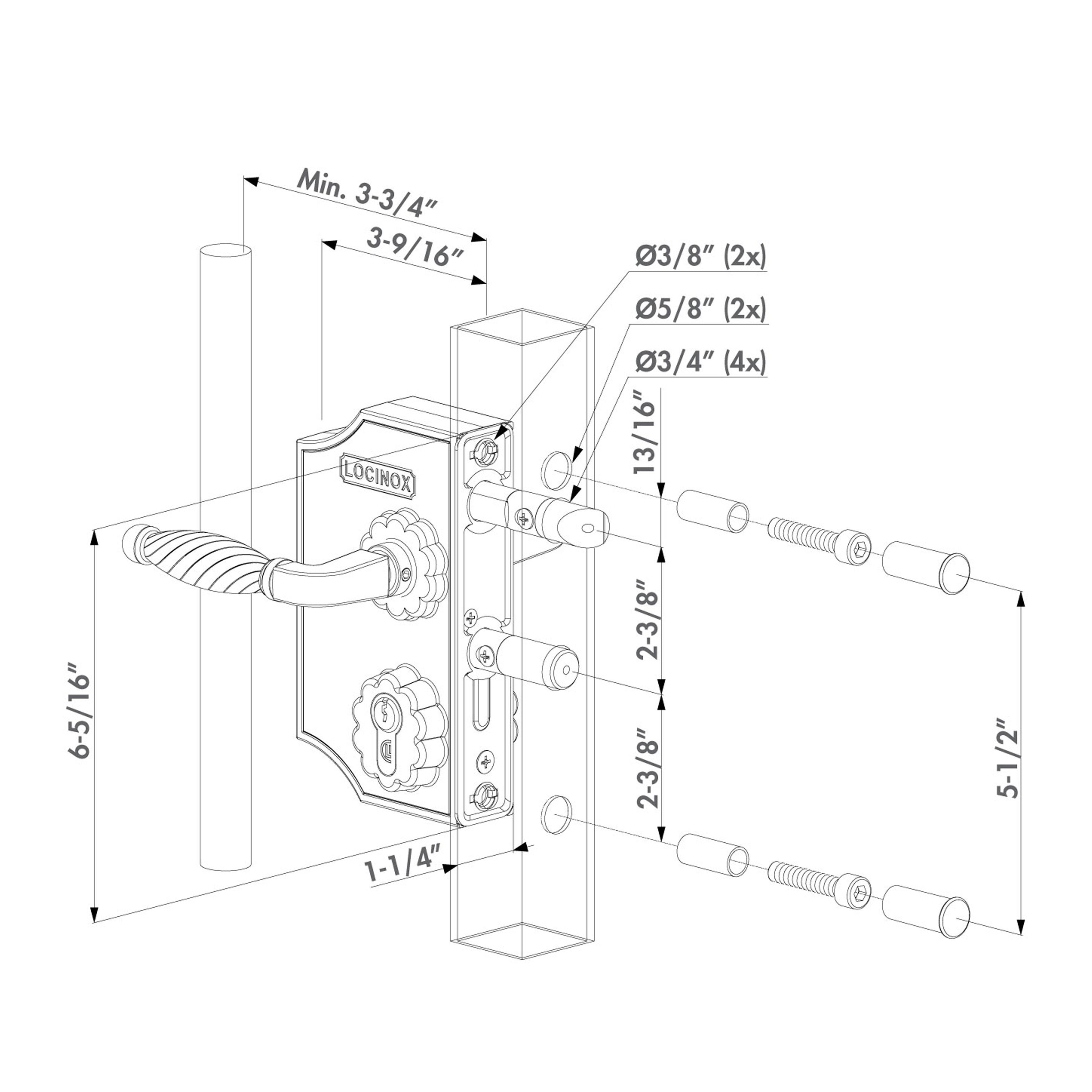 Locinox Surface-Mounted Gate Lock with Aluminum Handle Set for 4" to 4 ...